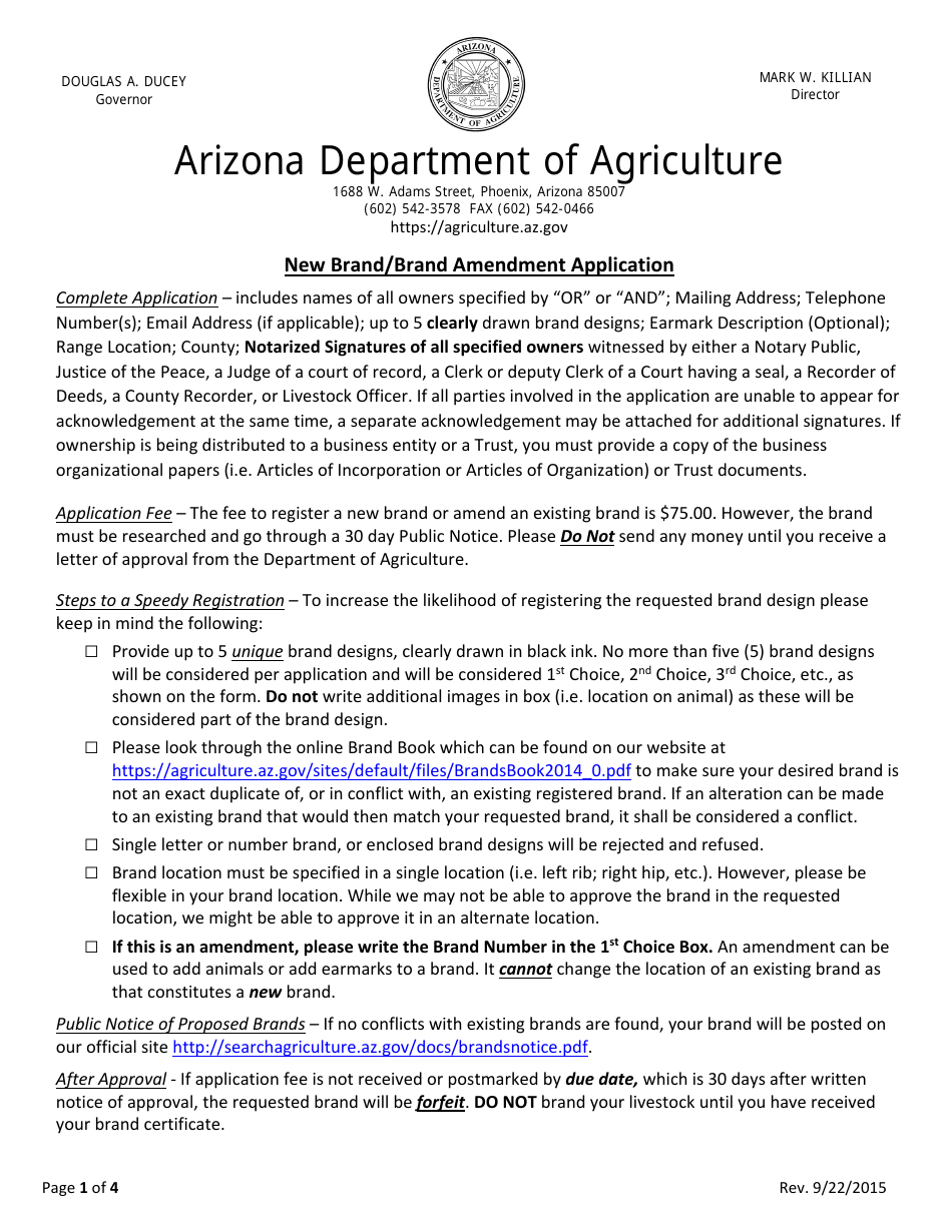 Arizona New Brand/Brand Amendment Application Form - Fill Out, Sign ...