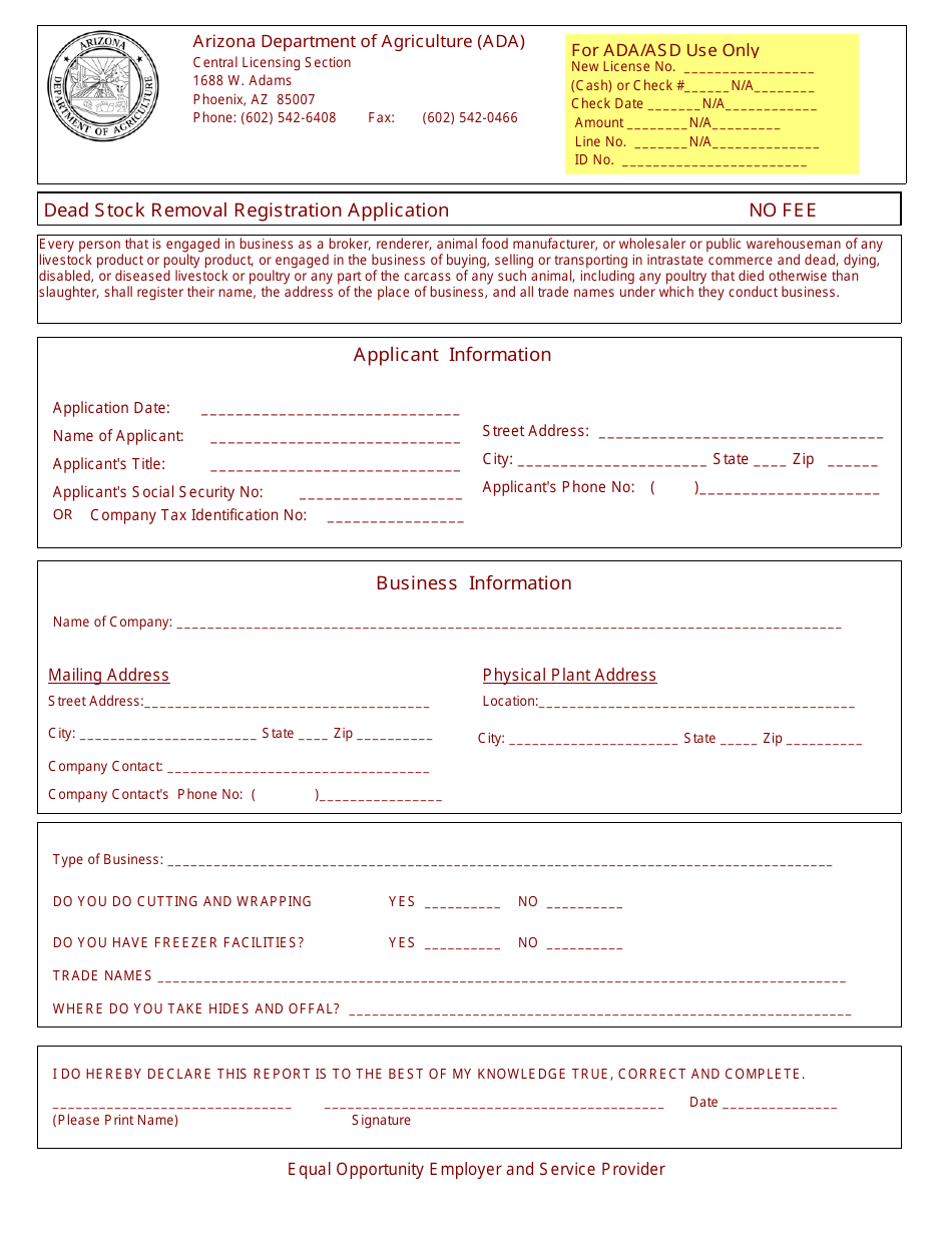 Arizona Dead Stock Removal Registration Application Form - Fill Out ...