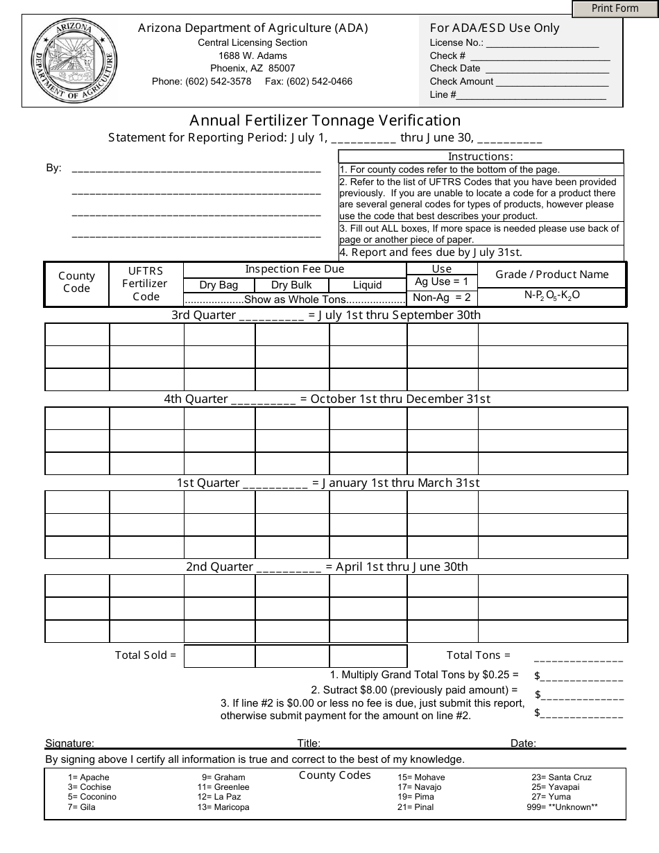 Arizona Annual Fertilizer Tonnage Verification Form - Fill Out, Sign ...