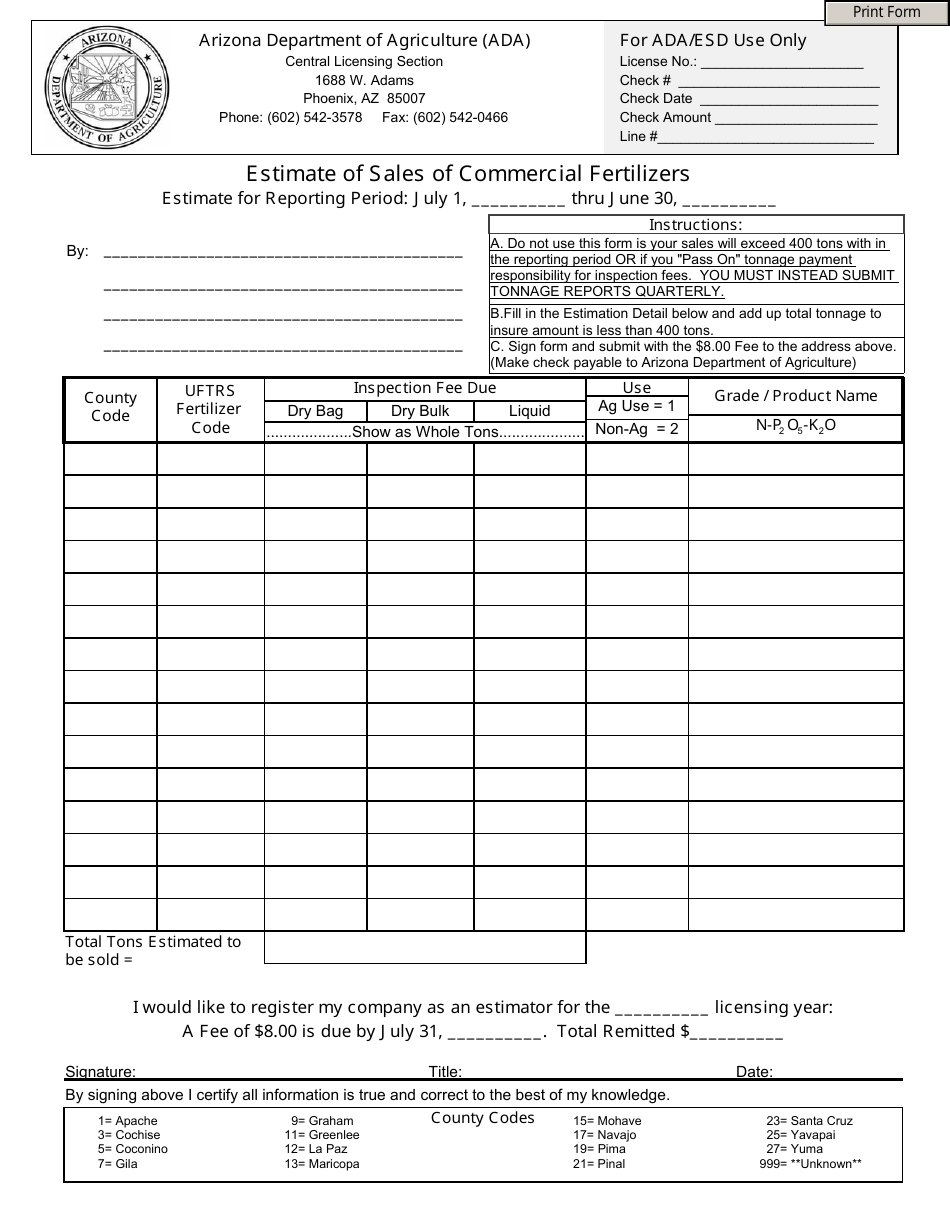 Arizona Estimate of Sales of Commercial Fertilizers - Fill Out, Sign ...