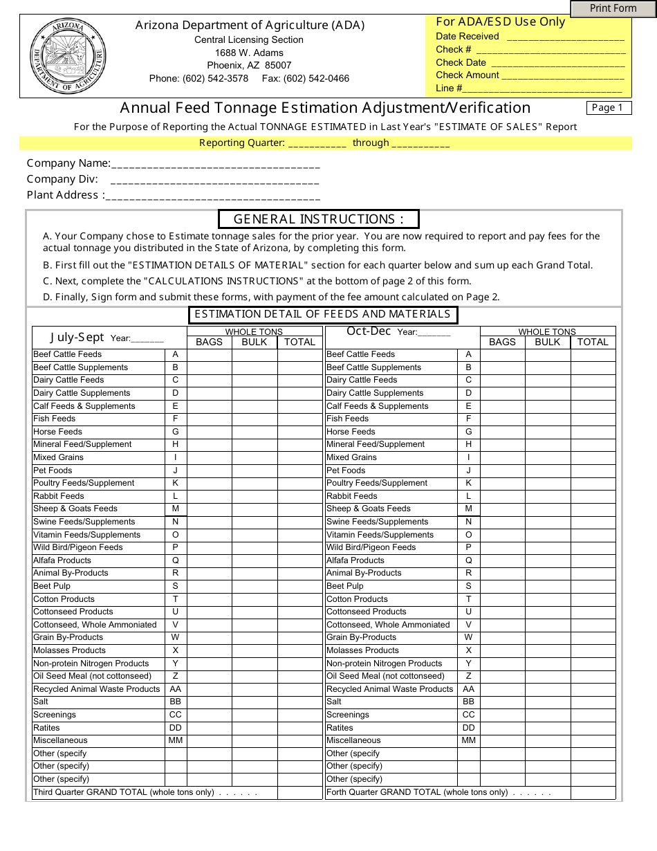 Arizona Annual Feed Tonnage Estimation Adjustment/Verification Form ...