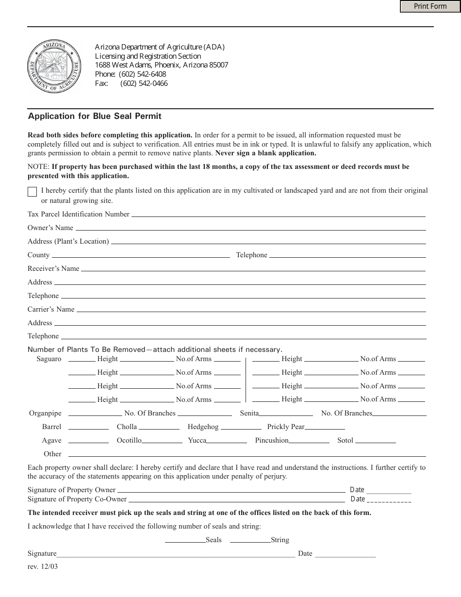 Arizona Application for Blue Seal Permit - Fill Out, Sign Online and ...