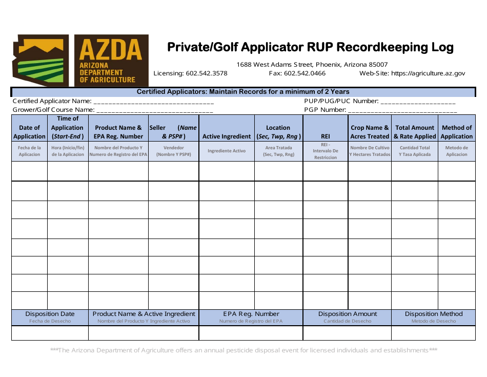 Arizona Private/Golf Applicator Rup Recordkeeping Log - Fill Out, Sign ...