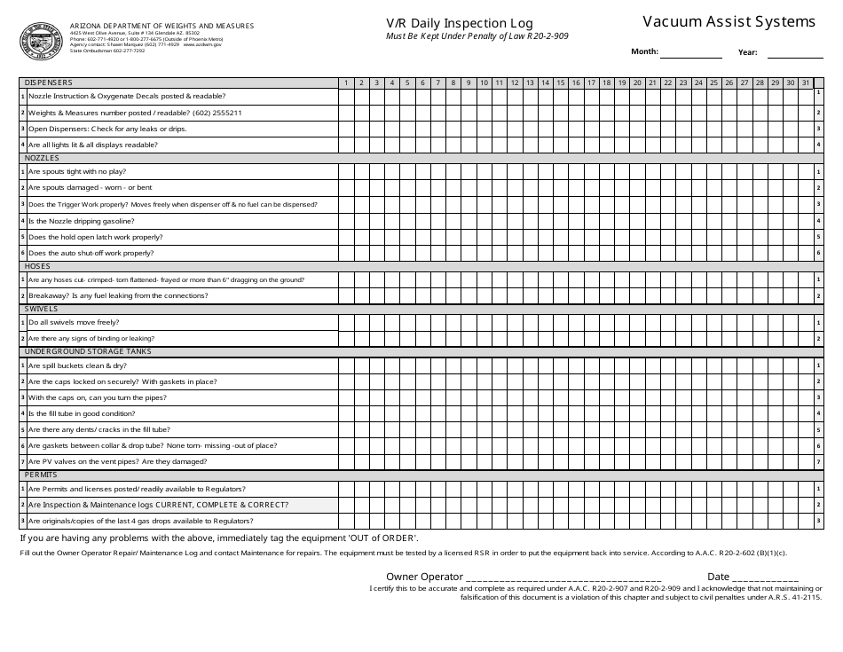 Arizona V/R Daily Inspection Log - Vacuum Assist Systems - Fill Out ...