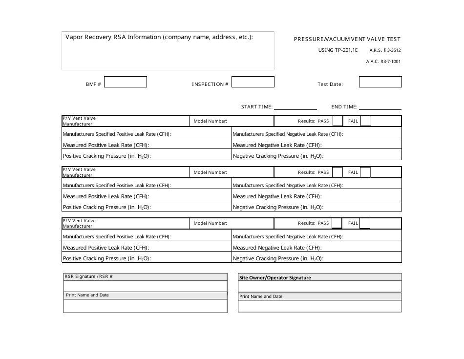 Arizona Vapor Recovery Rsa Pressure/Vacuum Vent Valve Test Form - Fill ...
