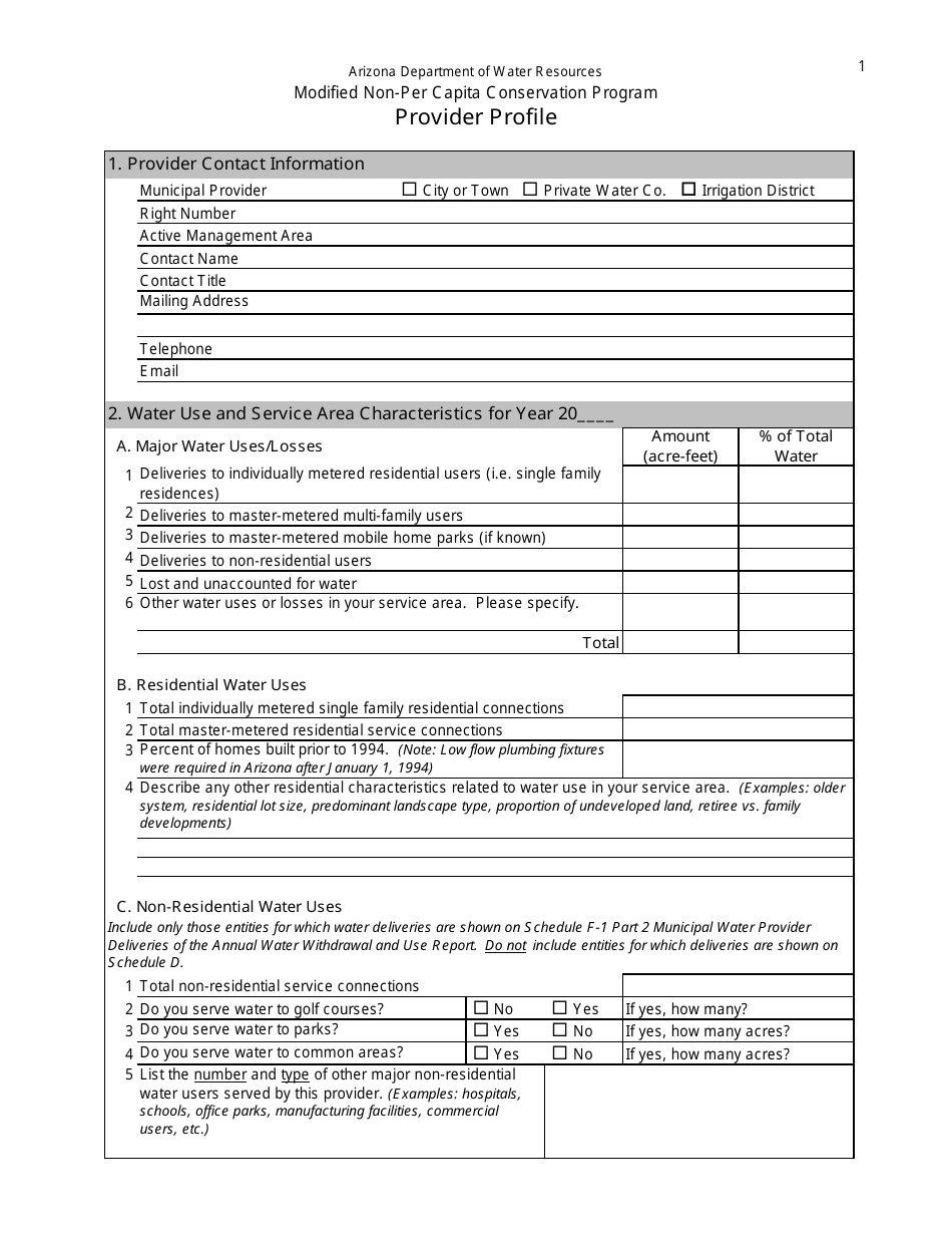 Arizona Provider Profile Form - Modified Non-per Capita Conservation ...