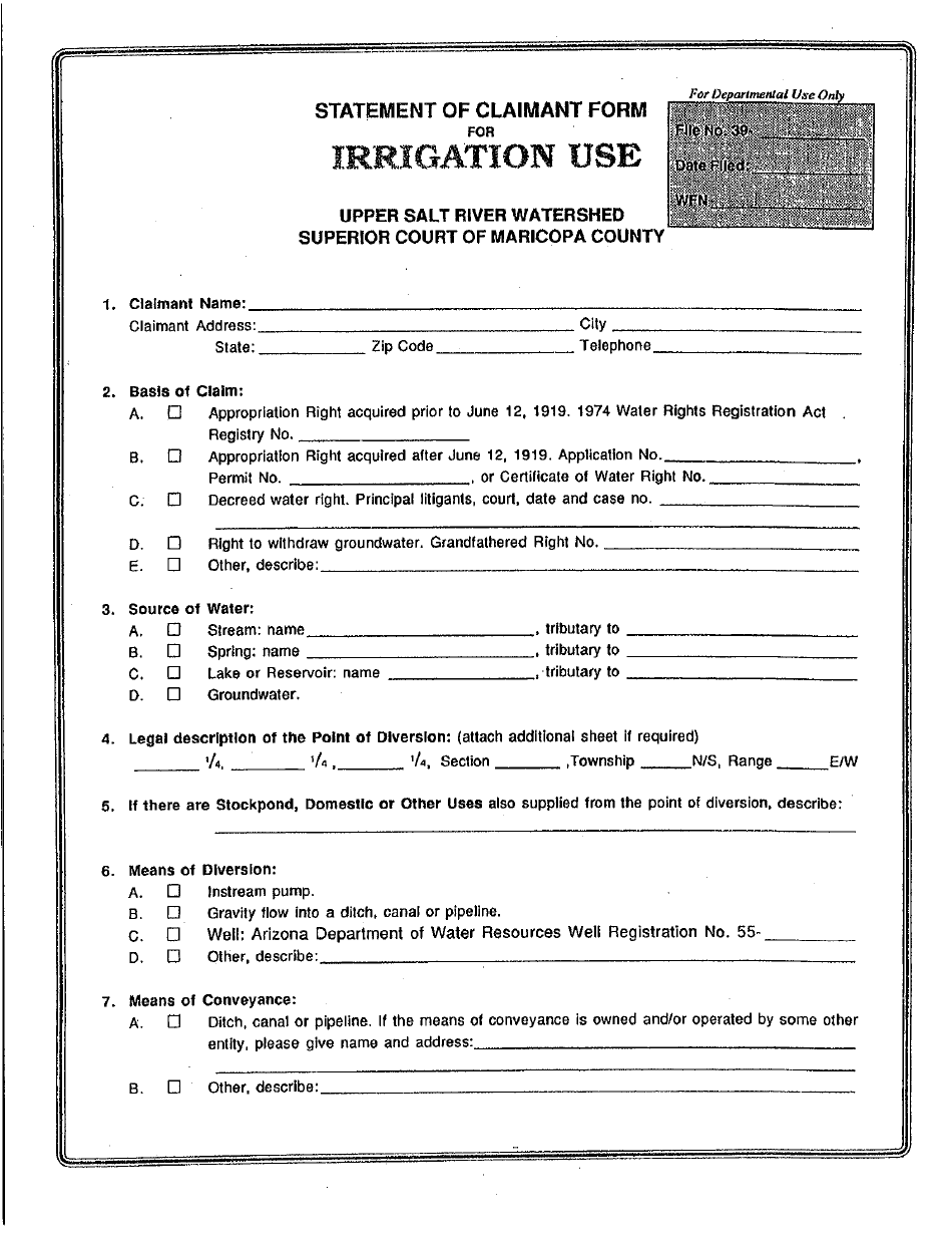 Maricopa County, Arizona Statement of Claimant Form for Irrigation Use ...