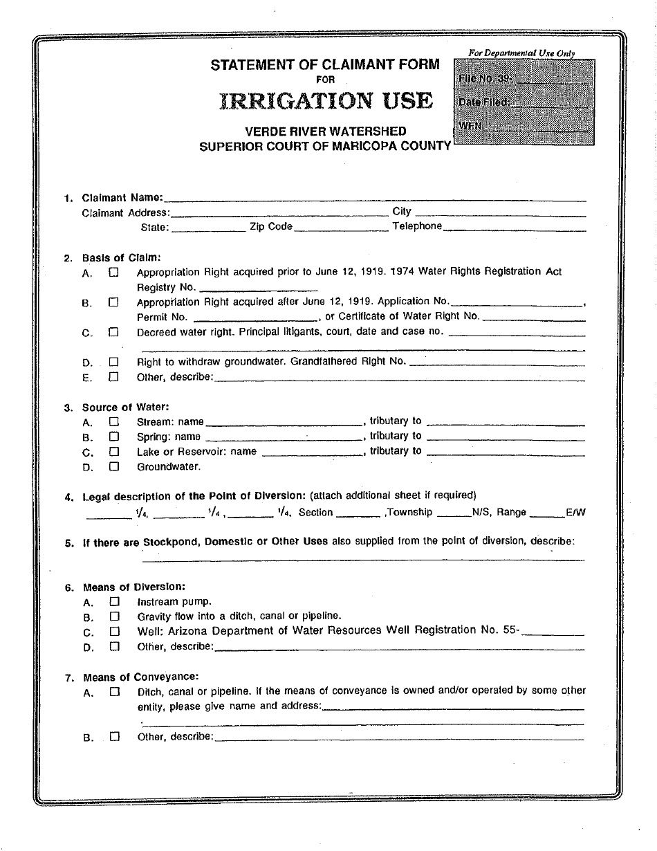 Maricopa County, Arizona Statement of Claimant Form for Irrigation Use ...