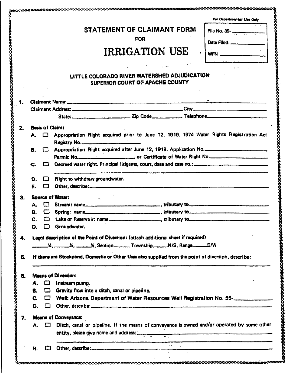 Apache County, Arizona Statement of Claimant Form for Irrigation Use ...