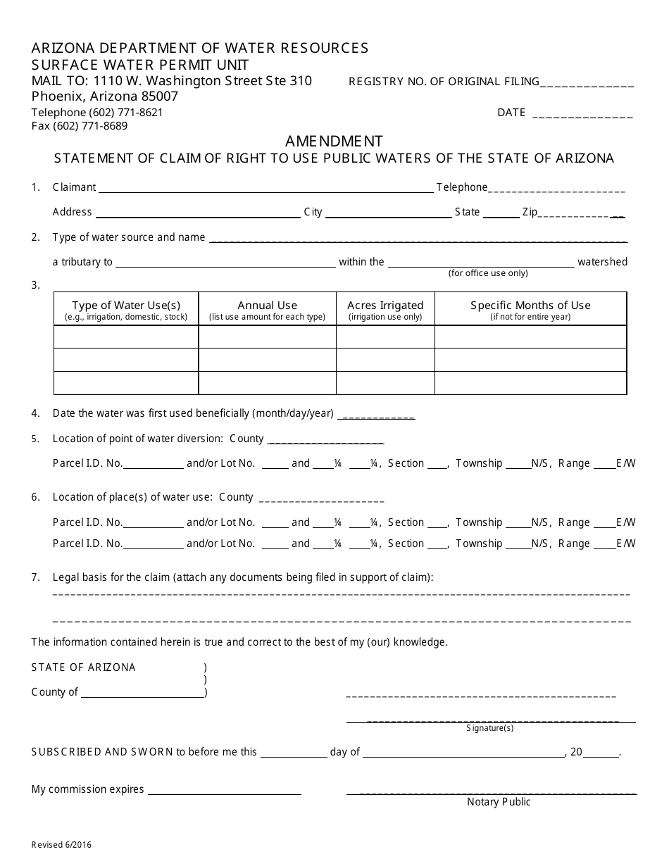 Arizona Amendment Statement of Claim of Right to Use Public Waters of ...