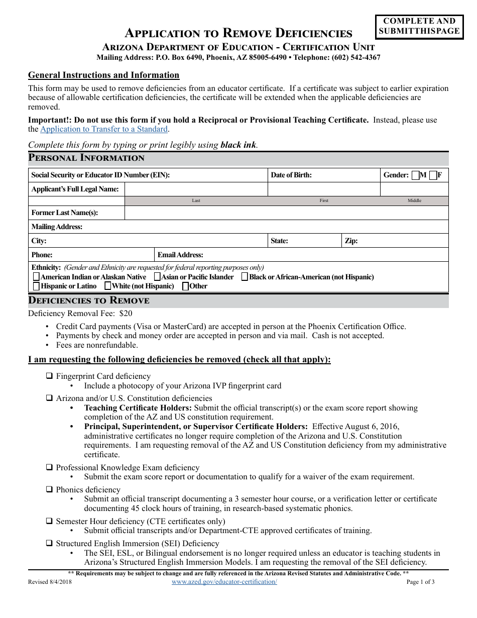 Arizona Application to Remove Deficiencies - Fill Out, Sign Online and ...