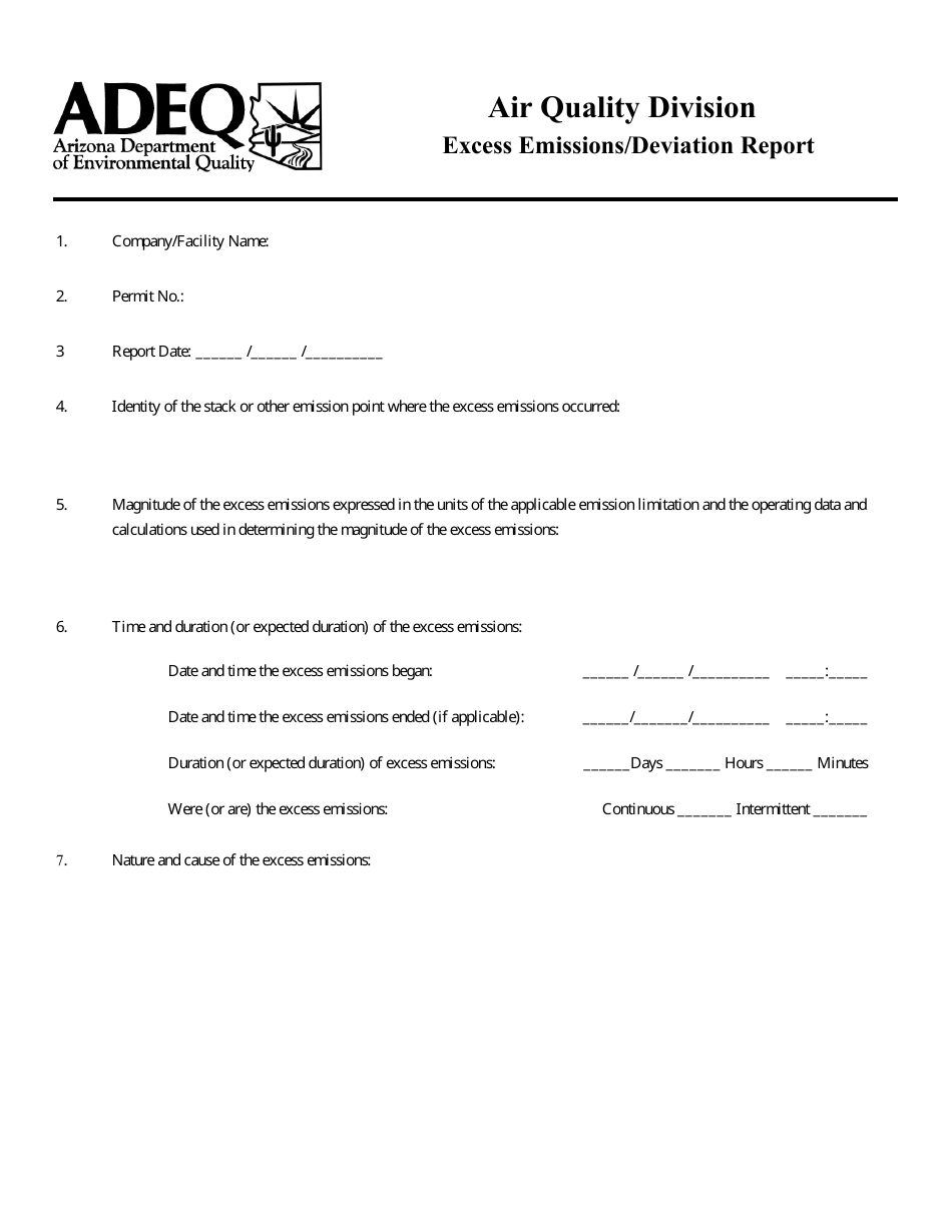 Arizona Excess Emissions/Deviation Report Form - Fill Out, Sign Online ...