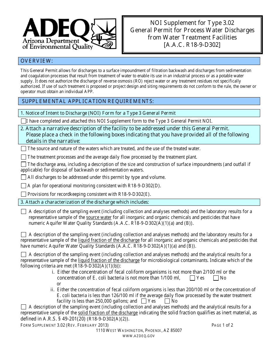 Arizona Noi Supplement for Type 3.02 General Permit for Process Water ...