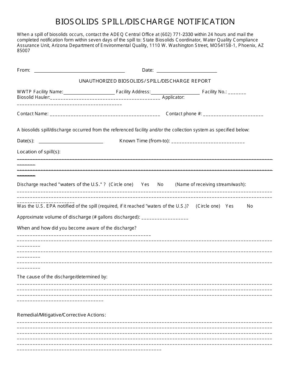 Arizona Biosolids Spill/Discharge Notification Form Download Printable PDF | Templateroller