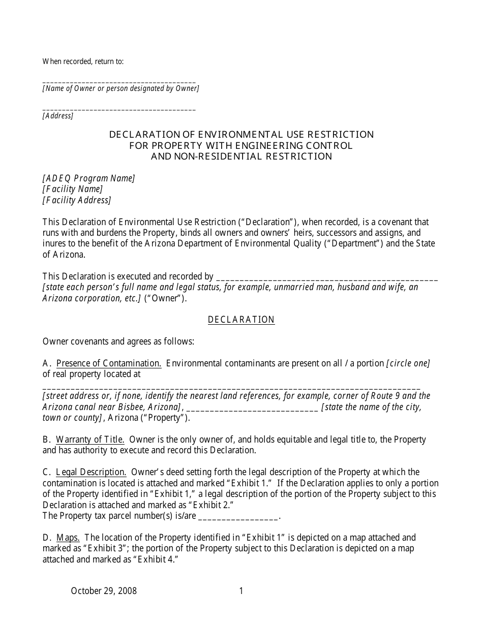 Arizona Declaration of Environmental Use Restriction for Property With ...