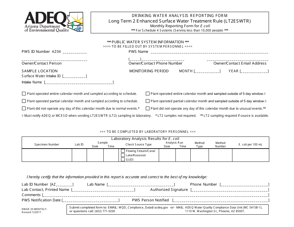 ADEQ Form DWAR20 MONTHLY Download Fillable PDF or Fill Online Drinking ...