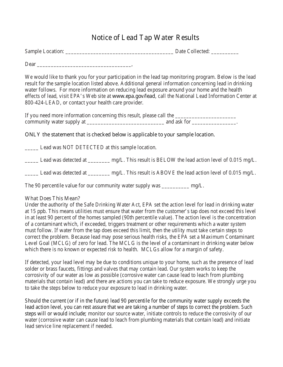 Notice of Lead Tap Water Results - Fill Out, Sign Online and Download ...