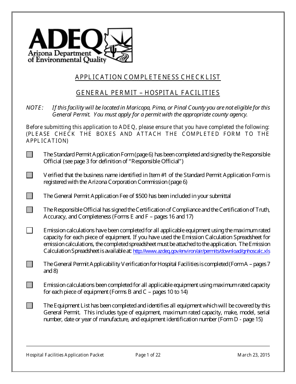 Arizona General Permit Application Packet for Hospital Facilities ...