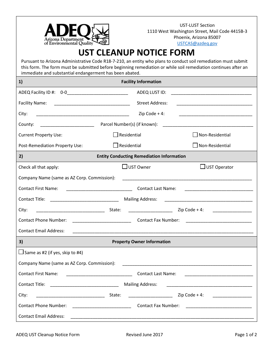 Arizona Ust Cleanup Notice Form - Fill Out, Sign Online and Download ...