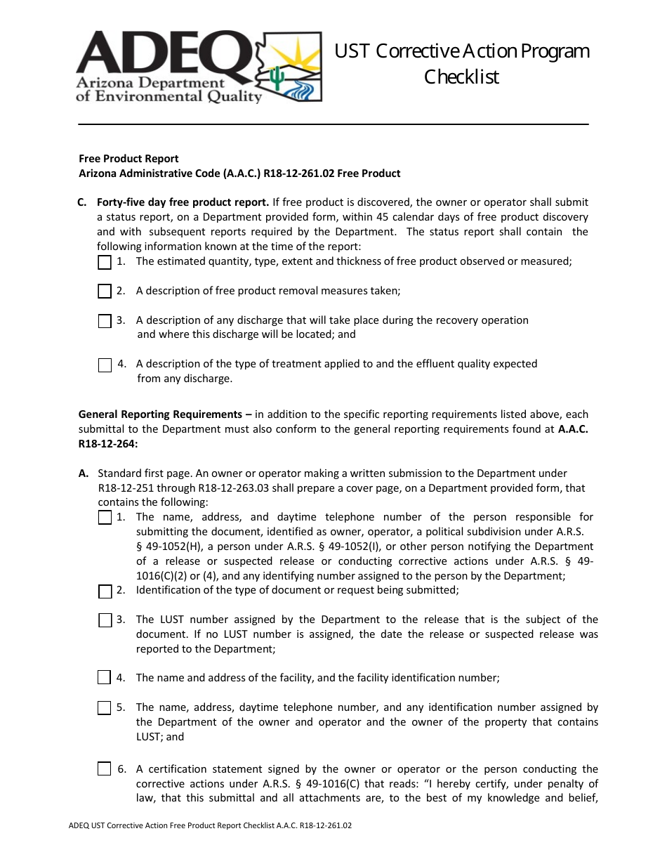 Arizona Ust Corrective Action - Free Product Report Checklist - Fill ...