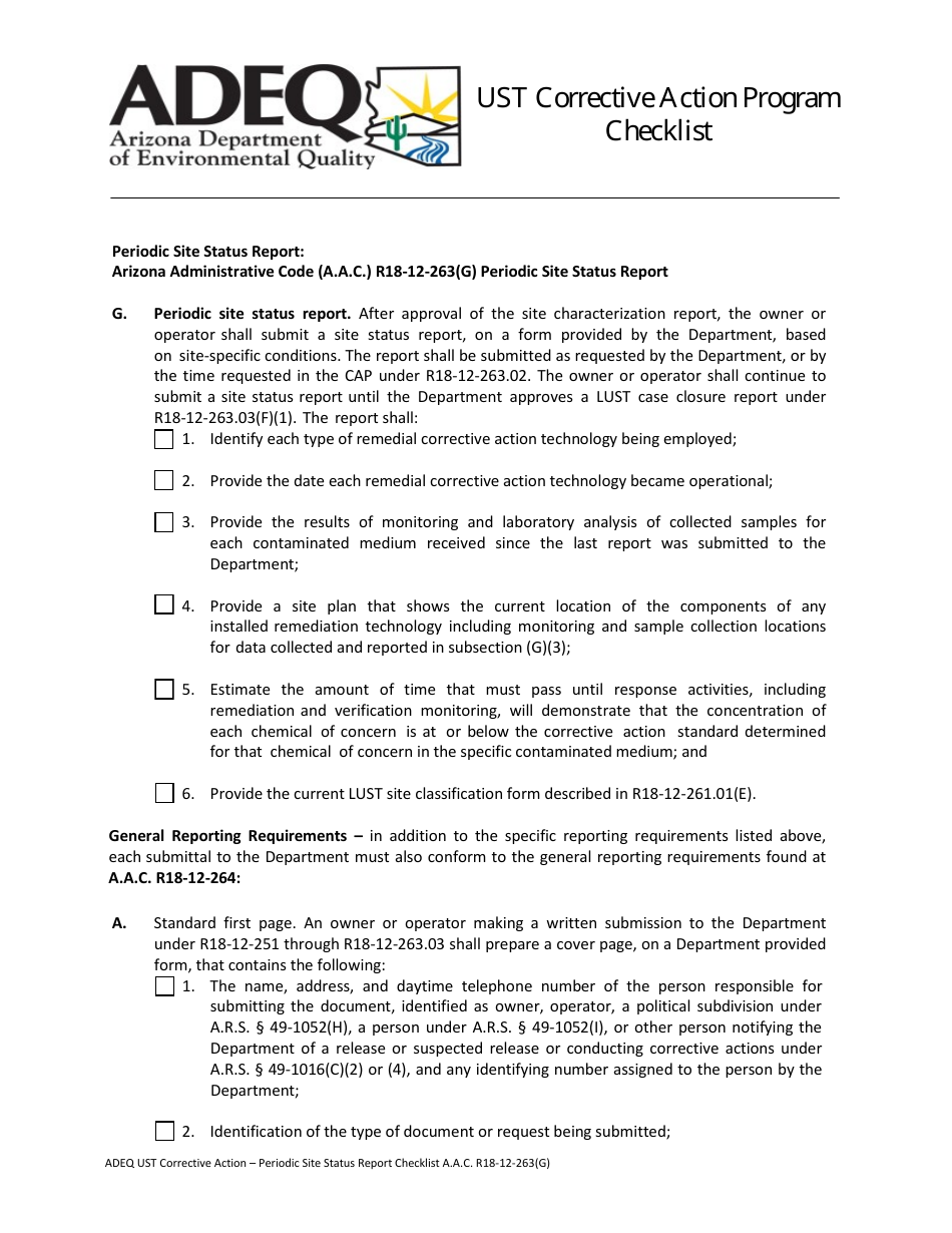 Arizona Ust Corrective Action - Periodic Site Status Report Checklist ...
