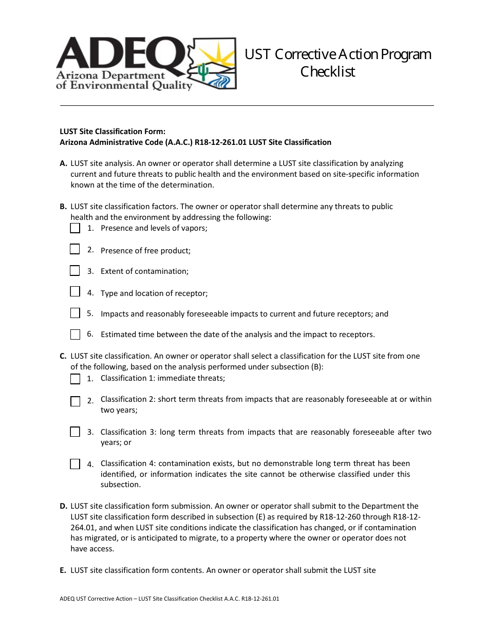 Arizona Ust Corrective Action - Lust Site Classification Checklist ...