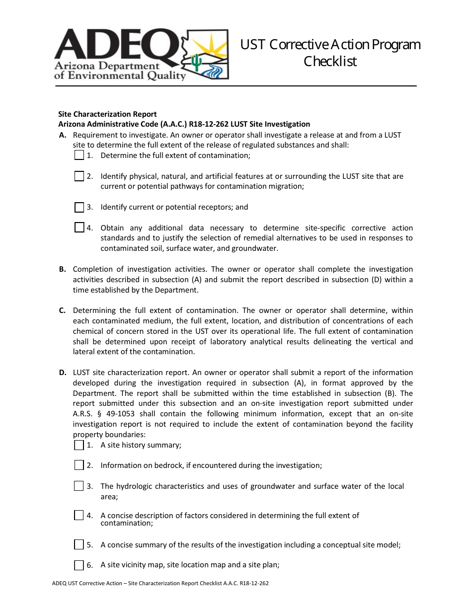 Arizona Ust Corrective Action - Site Characterization Report Checklist ...
