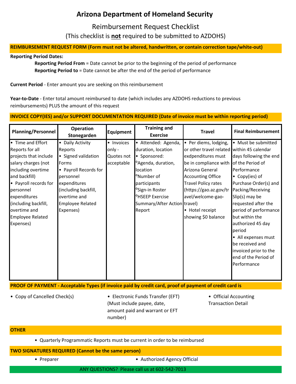 Arizona Reimbursement Request Checklist - Fill Out, Sign Online and ...