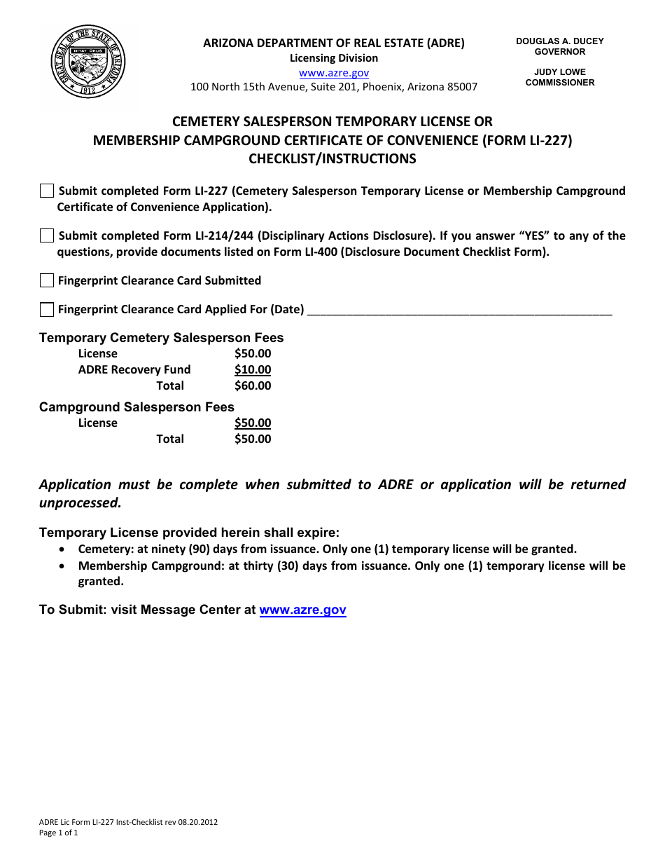 Download Instructions for Form LI-227 Cemetery Salesperson Temporary ...