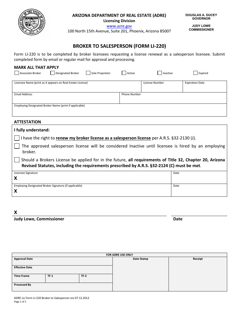 Form LI-220 - Fill Out, Sign Online and Download Fillable PDF, Arizona ...