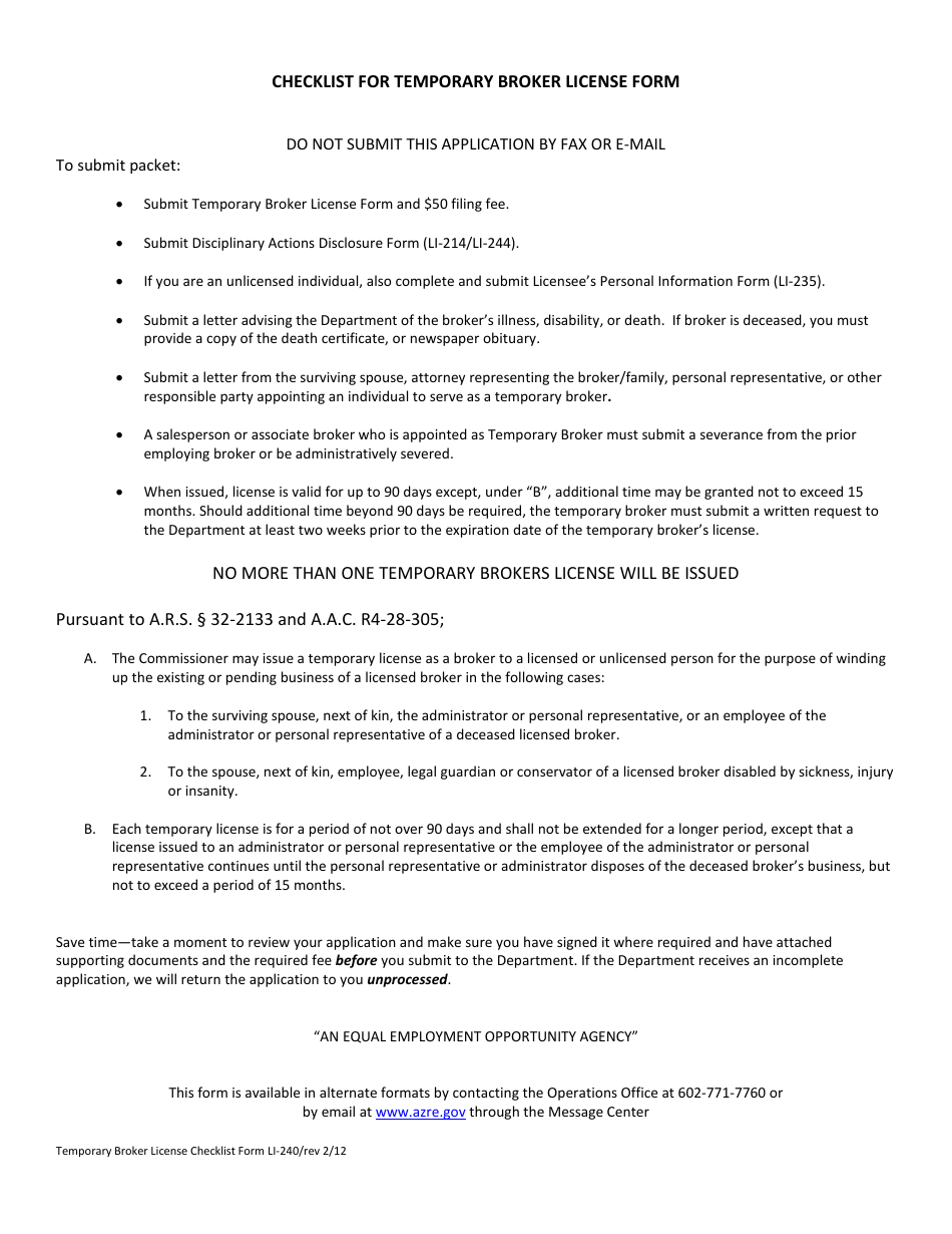 Form LI-240 - Fill Out, Sign Online and Download Printable PDF, Arizona ...