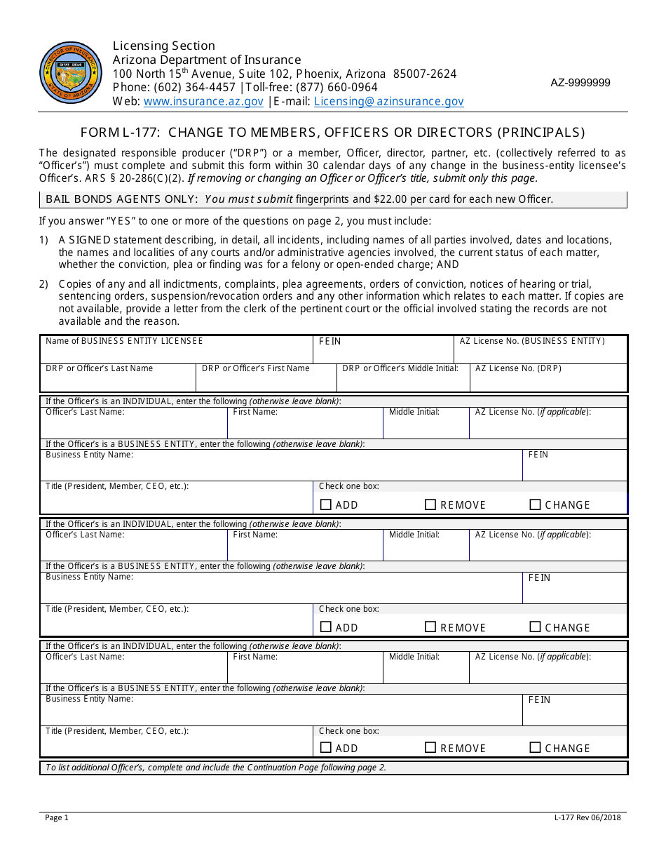 Form L-177 - Fill Out, Sign Online and Download Fillable PDF, Arizona ...