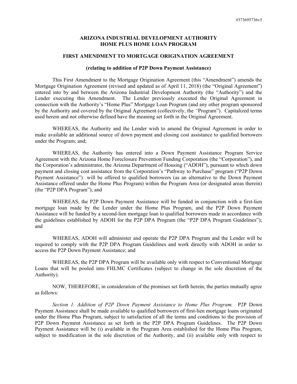 Arizona First Amendment to Mortgage Origination Agreement - Home Plus ...