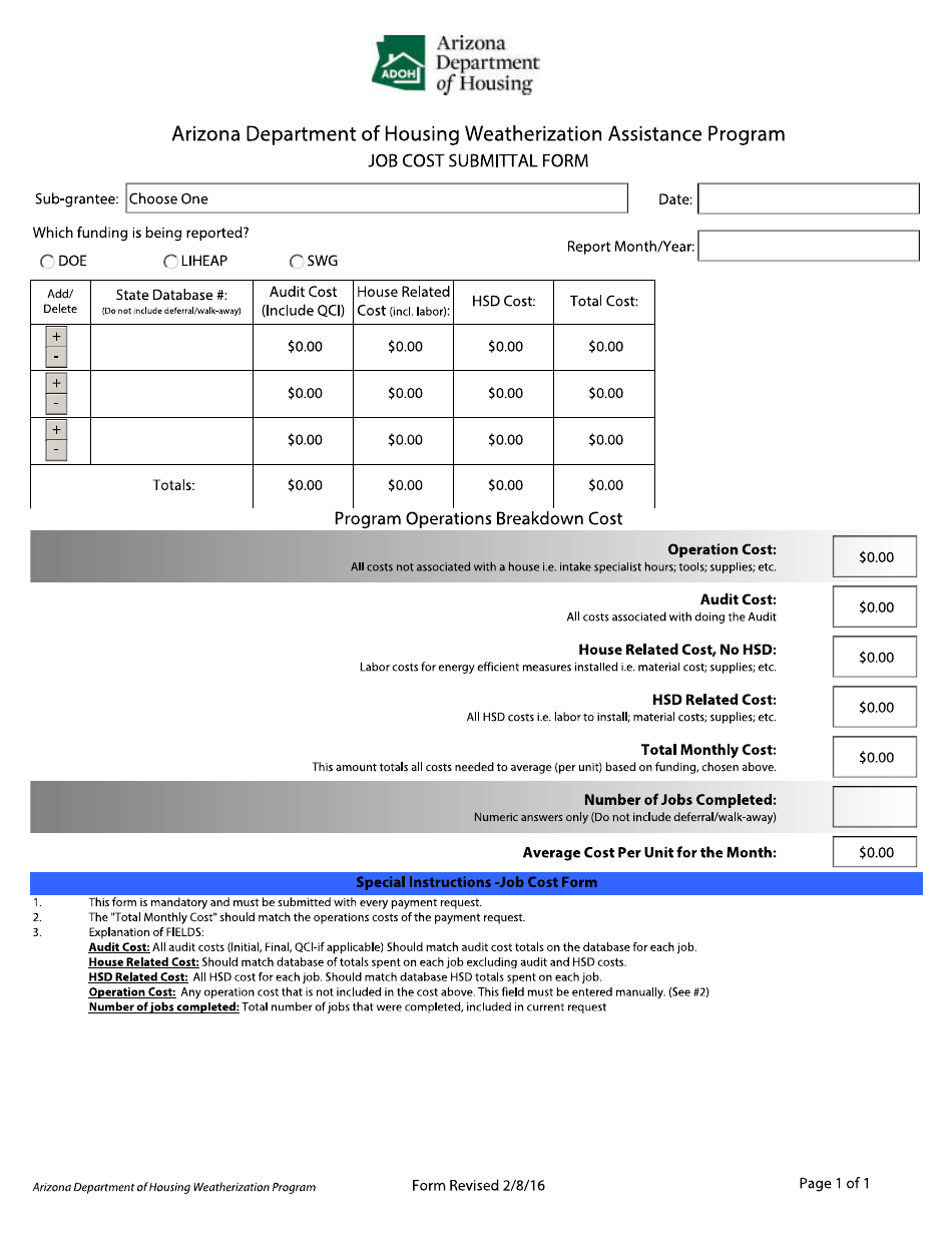 Arizona Job Cost Submittal Form - Fill Out, Sign Online and Download ...