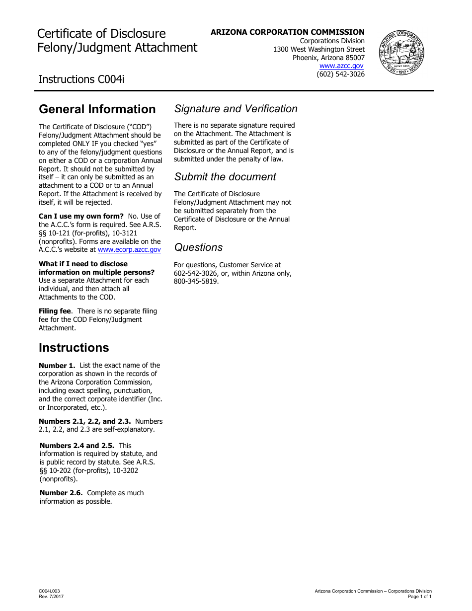 Download Instructions for Form C004.003 Certificate of Disclosure ...