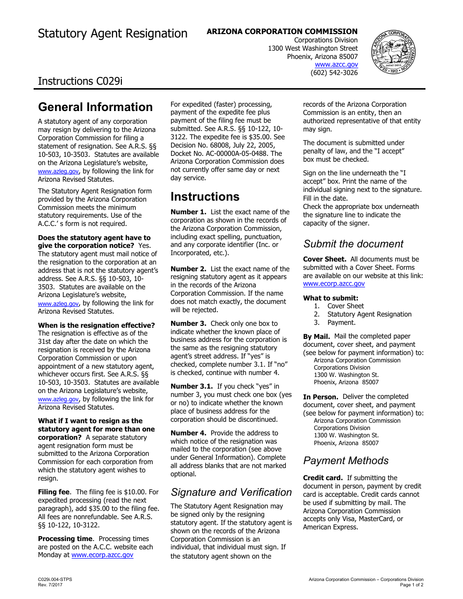 Download Instructions for Form C029 Statutory Agent Registration PDF ...