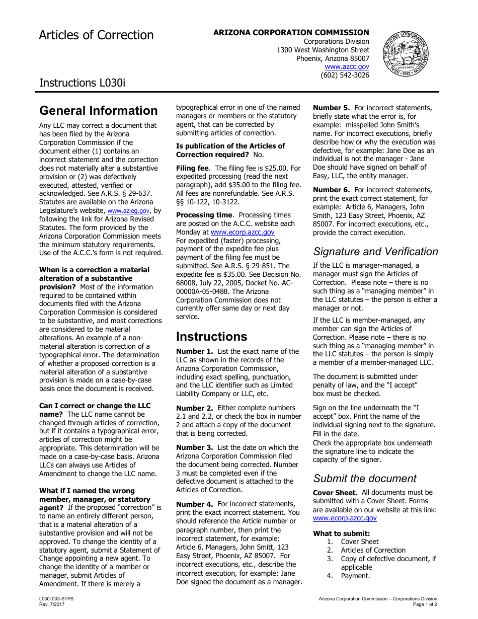 Download Instructions for Form L030 Articles of Correction PDF ...