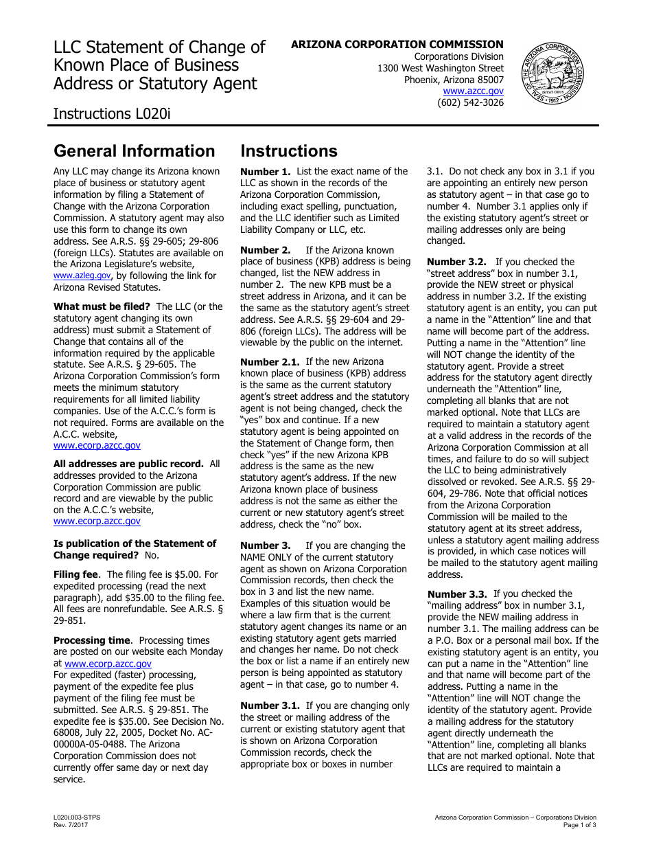 Download Instructions for Form L020.002 LLC Statement of Change of ...