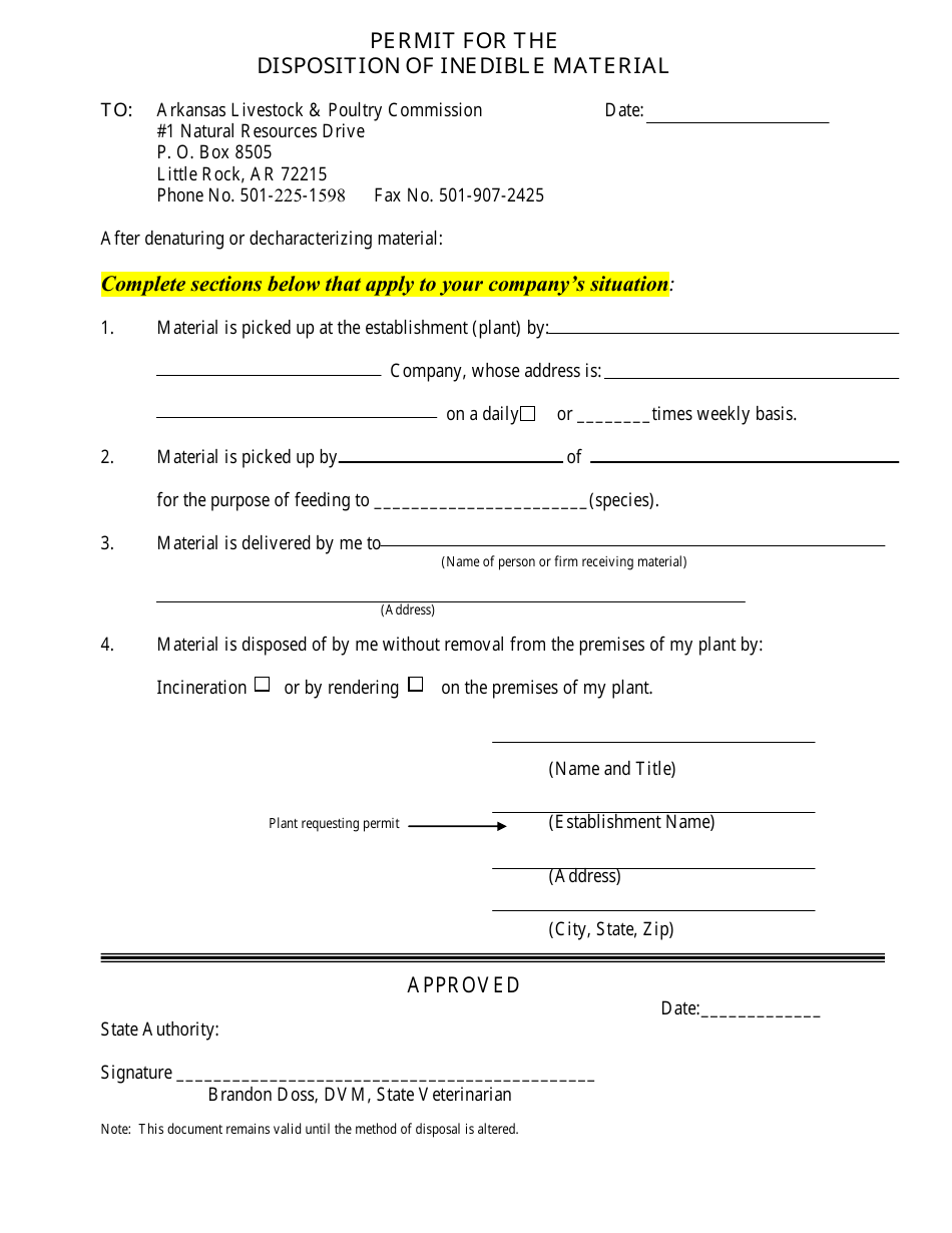 Arkansas Permit for the Disposition of Inedible Material - Fill Out ...
