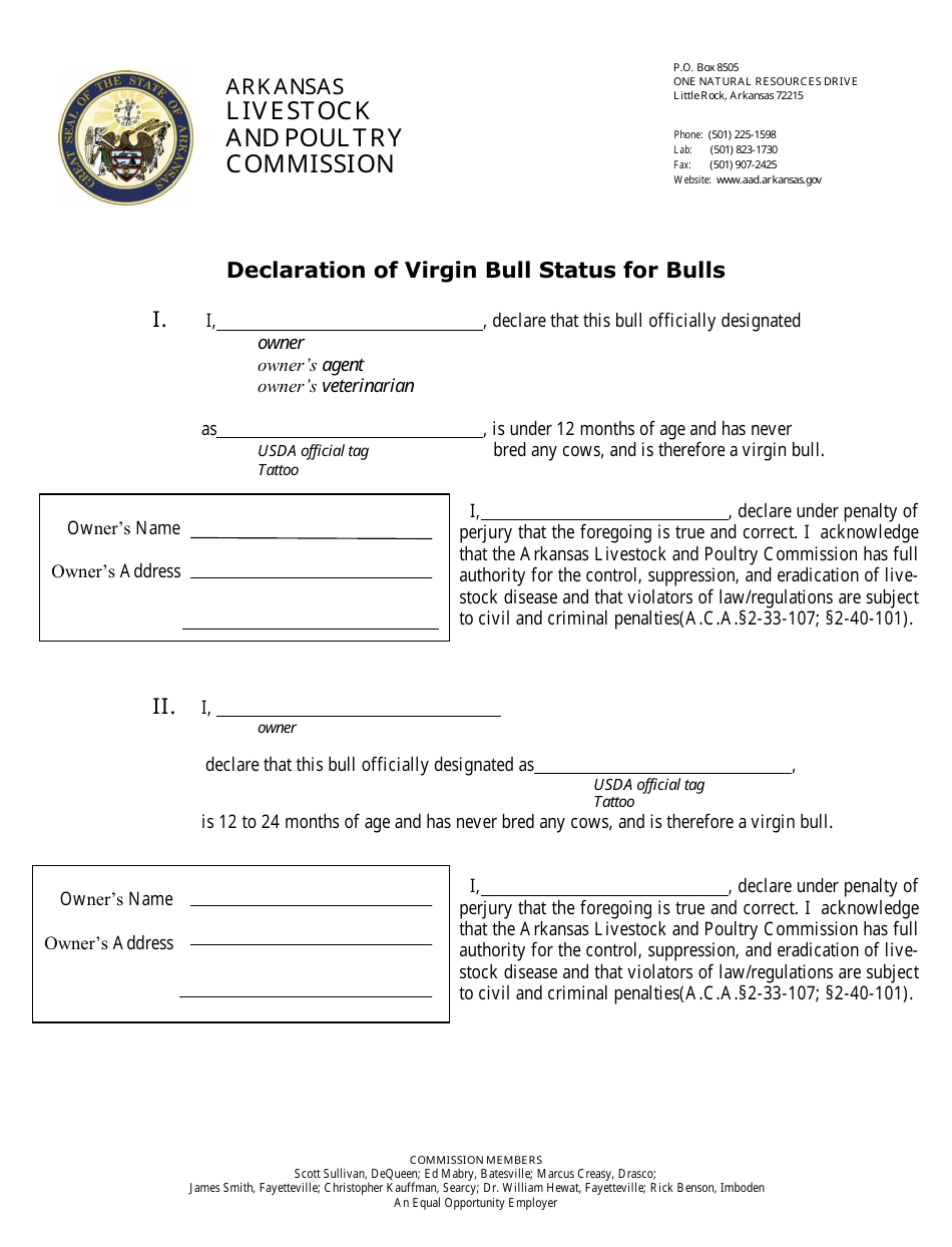 Arkansas Declaration of Virgin Bull Status for Bulls - Fill Out, Sign ...