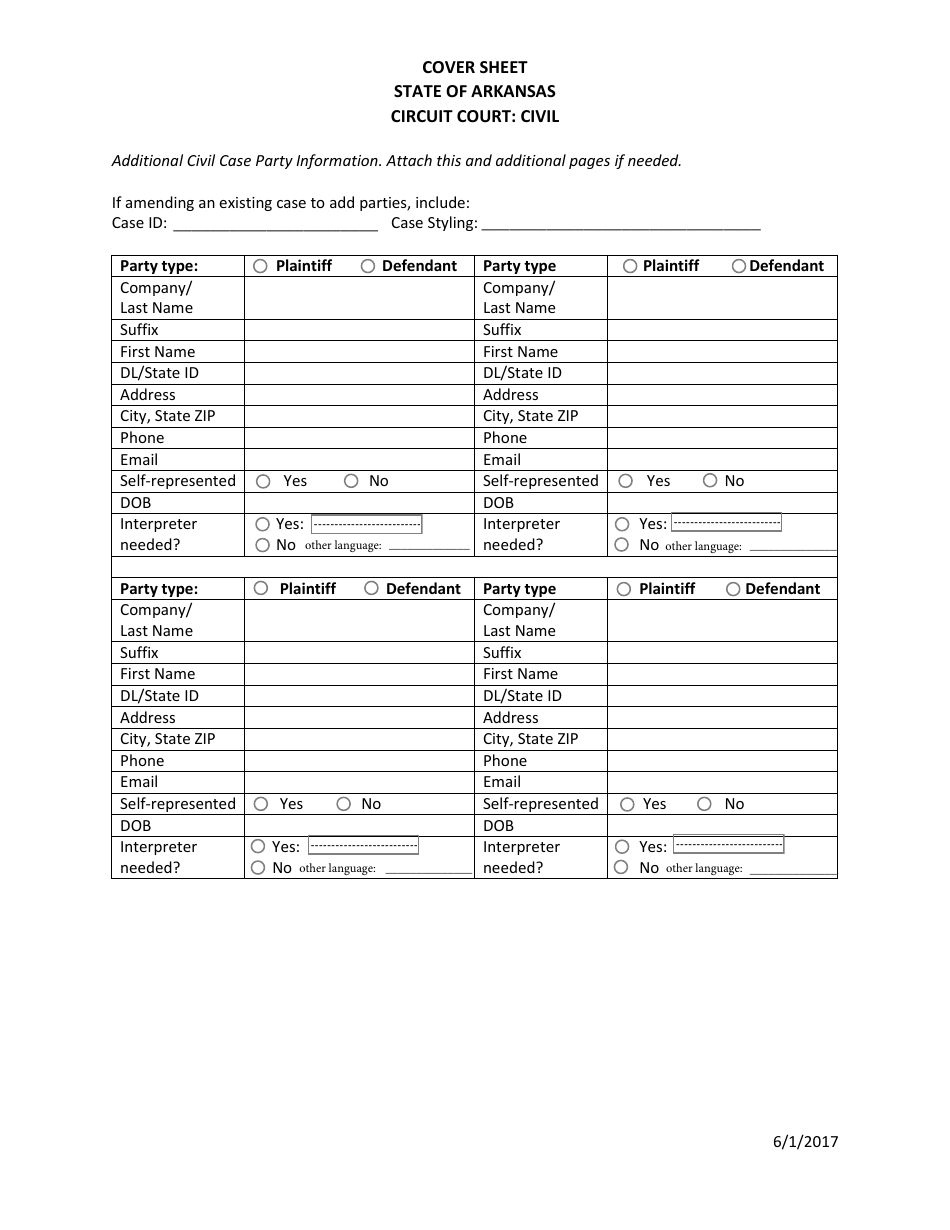 Arkansas Civil Cover Sheet - Additional Parties - Fill Out, Sign Online ...