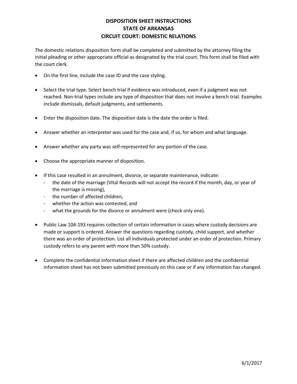 Arkansas Domestic Relations Disposition Sheet Instructions - Fill Out ...