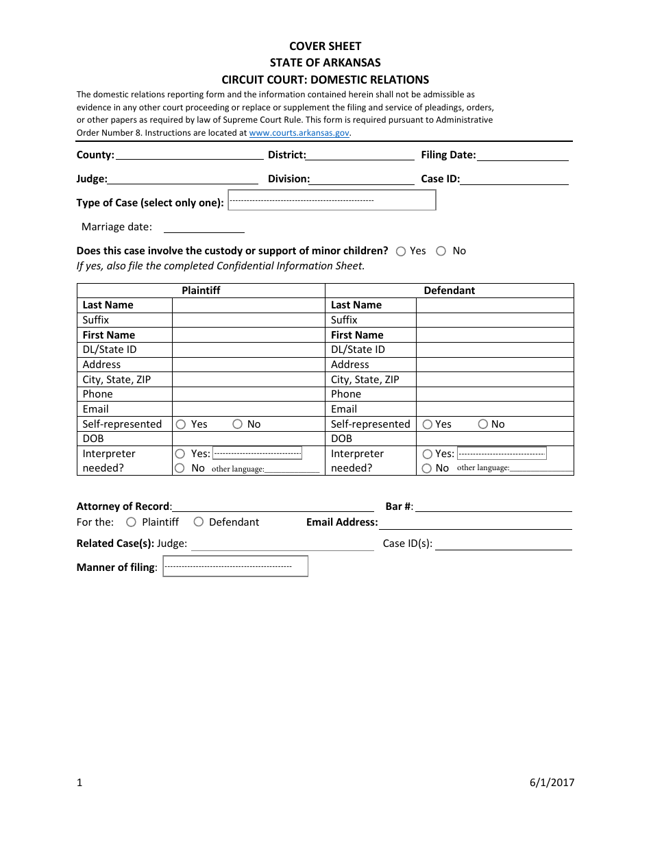 Arkansas Domestic Relations Cover Sheet Fill Out Sign Online And