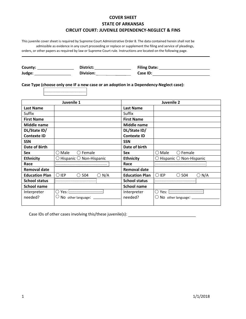 Arkansas Juvenile Dependency-Neglect and Fins Cover Sheet - Fill Out ...