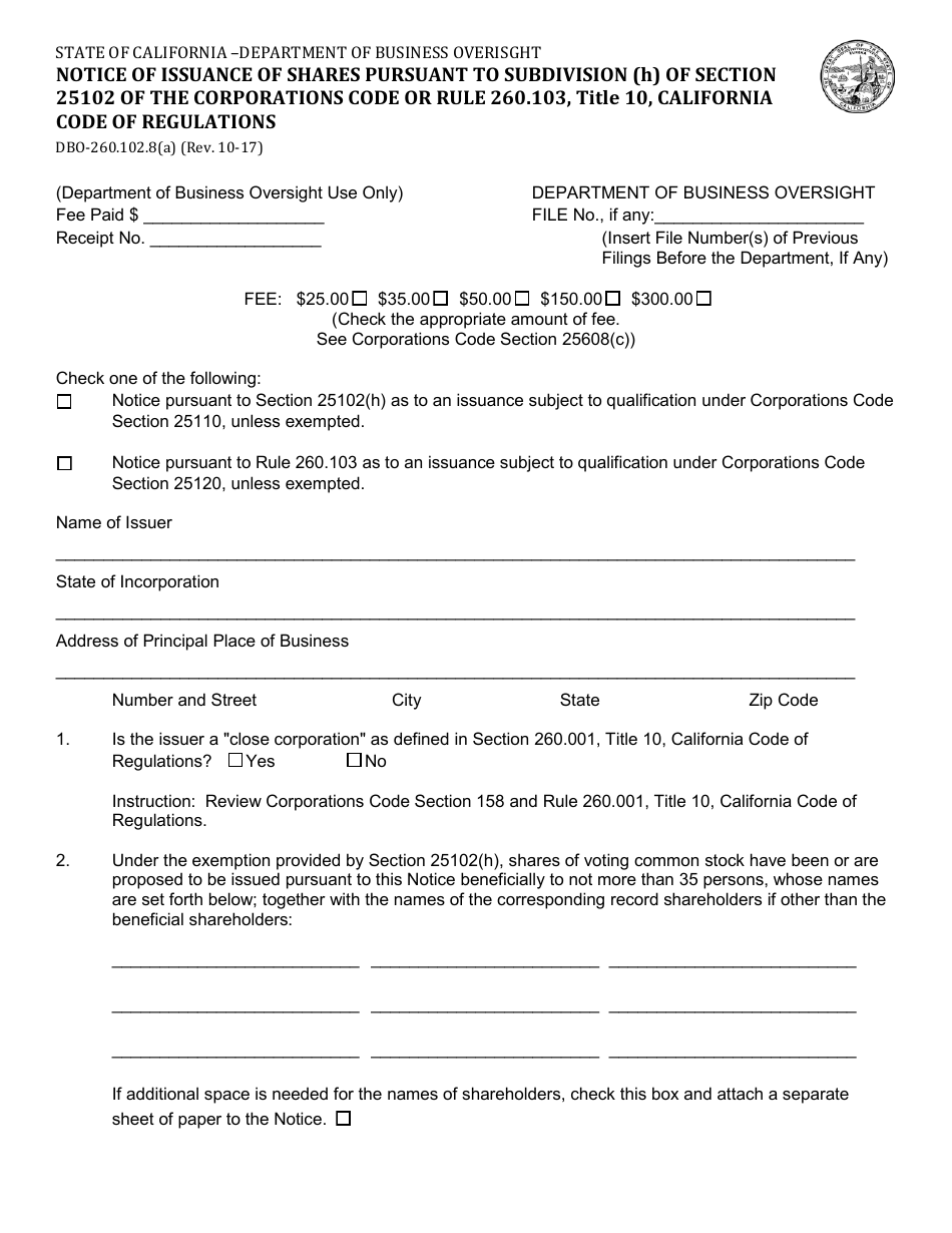 Form DBO-260.102.8(A) - Fill Out, Sign Online and Download Fillable PDF ...