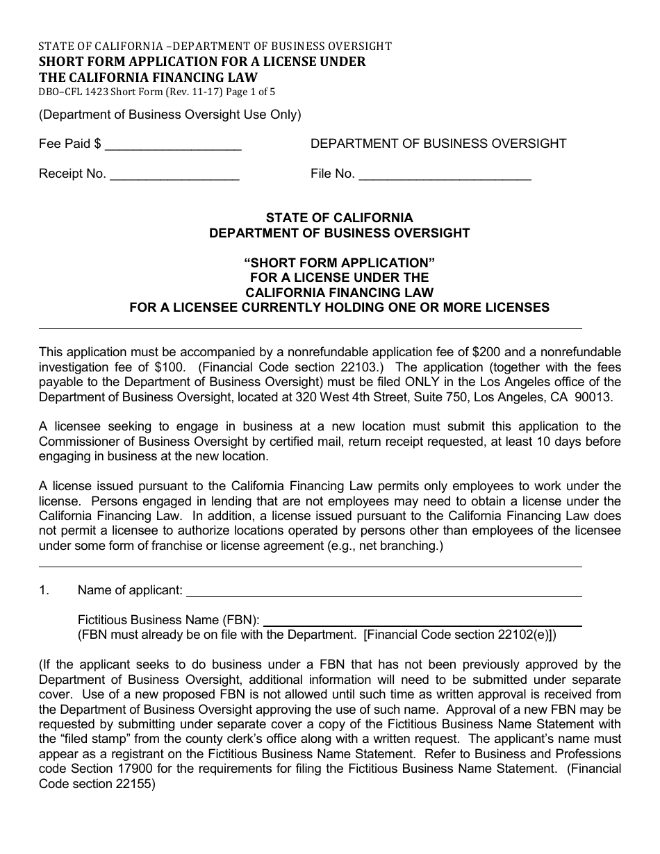 Form Dbo Cfl1423 Download Fillable Pdf Or Fill Online Short Form