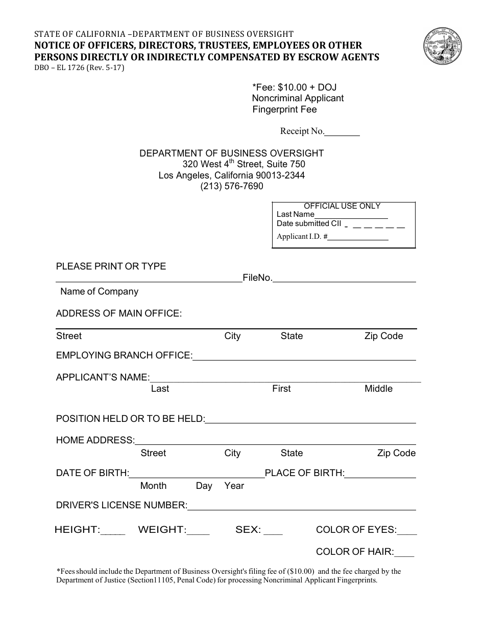 Form DBO-EL1726 - Fill Out, Sign Online and Download Fillable PDF ...