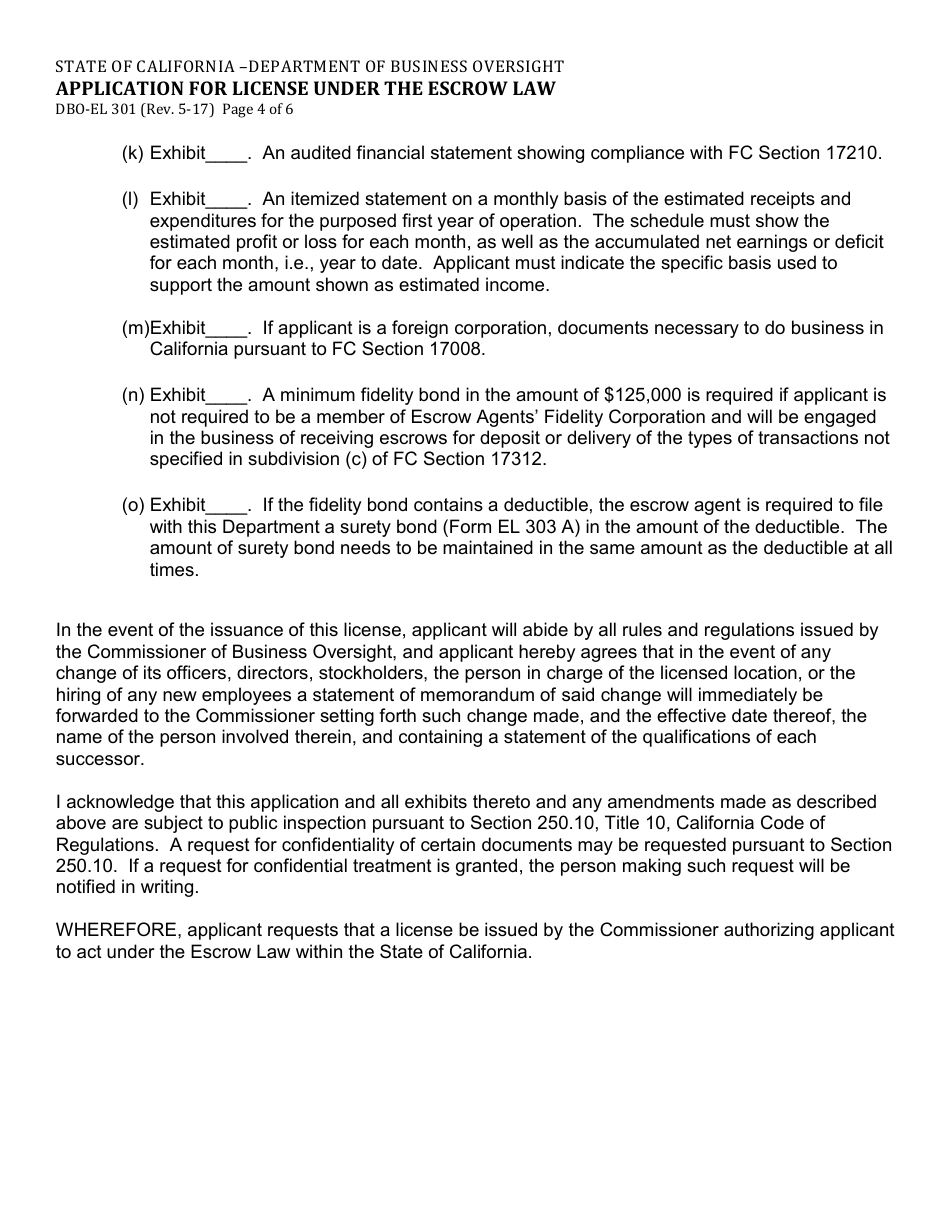 Form Dbo El301 Download Fillable Pdf Or Fill Online Application For