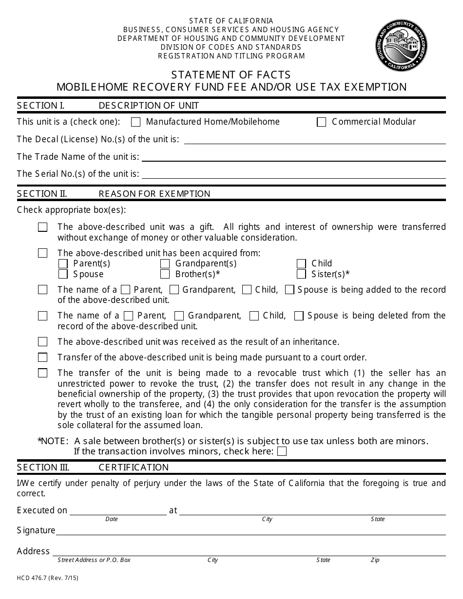 Form HCD476.7 - Fill Out, Sign Online and Download Printable PDF ...