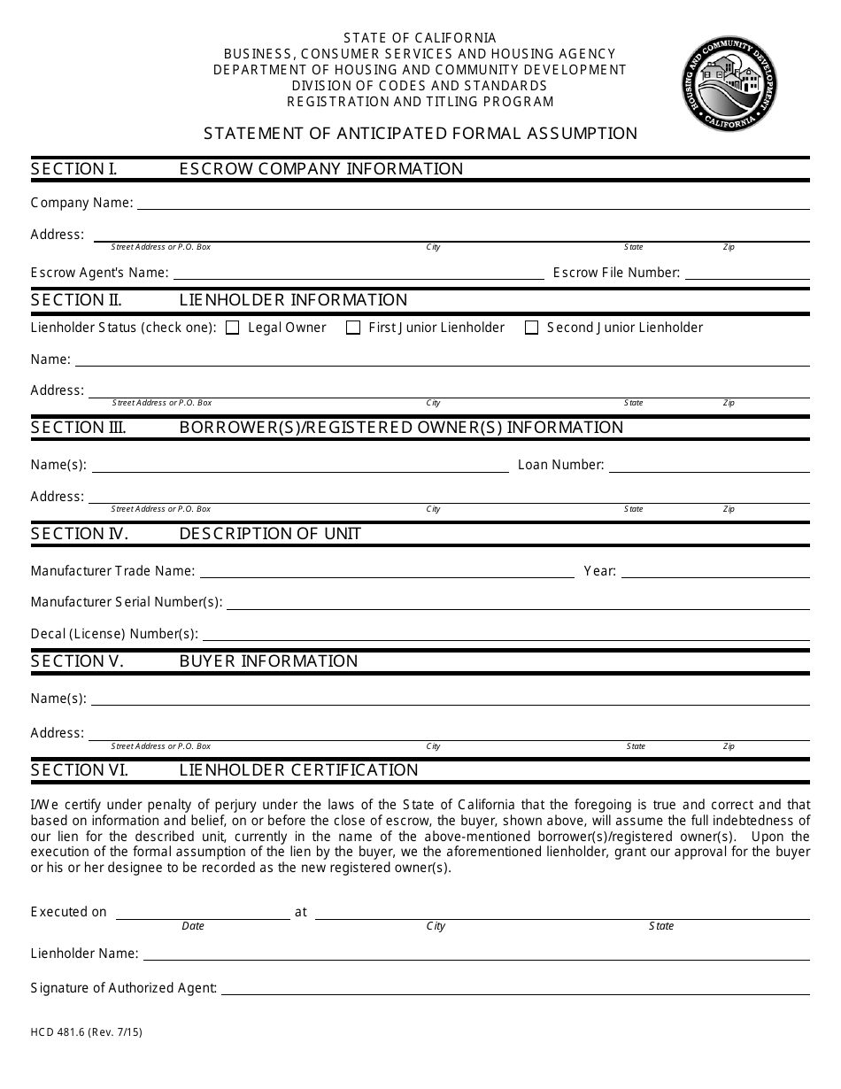 Form HCD481.6 - Fill Out, Sign Online and Download Printable PDF, California | Templateroller